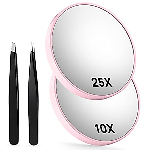 OMIRO 10X & 25X Magnifying Mirrors with Two Eyebrow Tweezers Kits, 3.5" Two Suction Cups Magnifier Set for Travel (Pink)