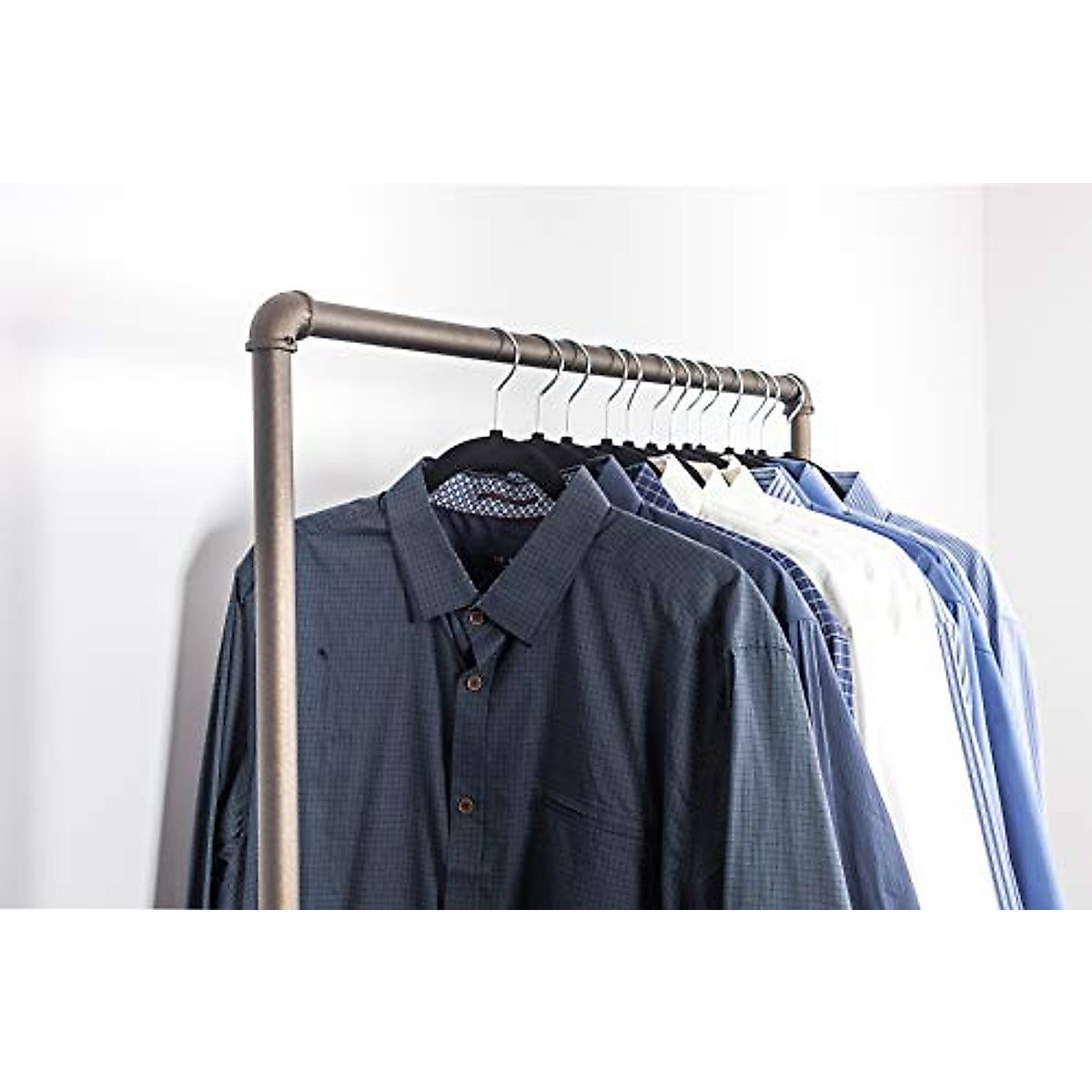 Real Home Innovations Modern Industrial Style Garment Rack with Wood Shelf, Satin Pewter