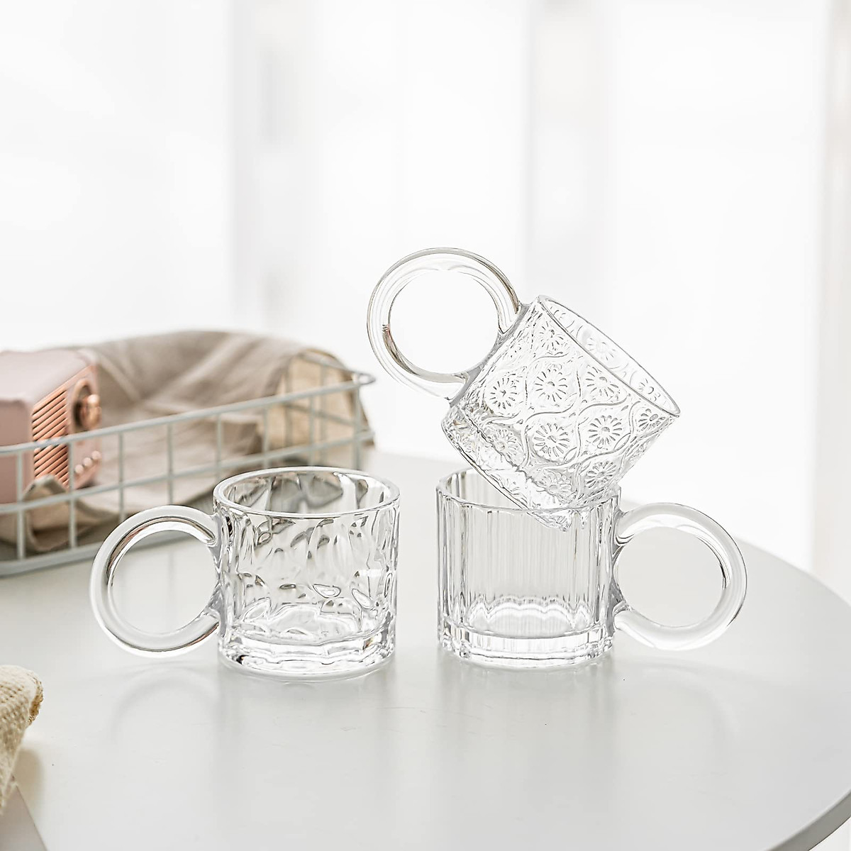 HolaJia Espresso Cups Glass Coffee Mugs 8.4 Oz Set of 2,Clear Embossed Tea Cups,Vintage Glassware with handle,Demitasse Glasses for Cappuccino,Latte,Hot Beverage(Begonia)