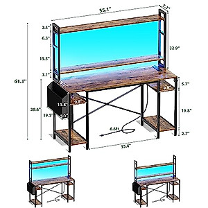 Huuger 55 inch Computer Desk with Adjustable Shelves, Gaming Desk with LED Lights & Power Outlets, Home Office Desk with Monitor Stand, Hooks & CPU Stand, Rustic Brown