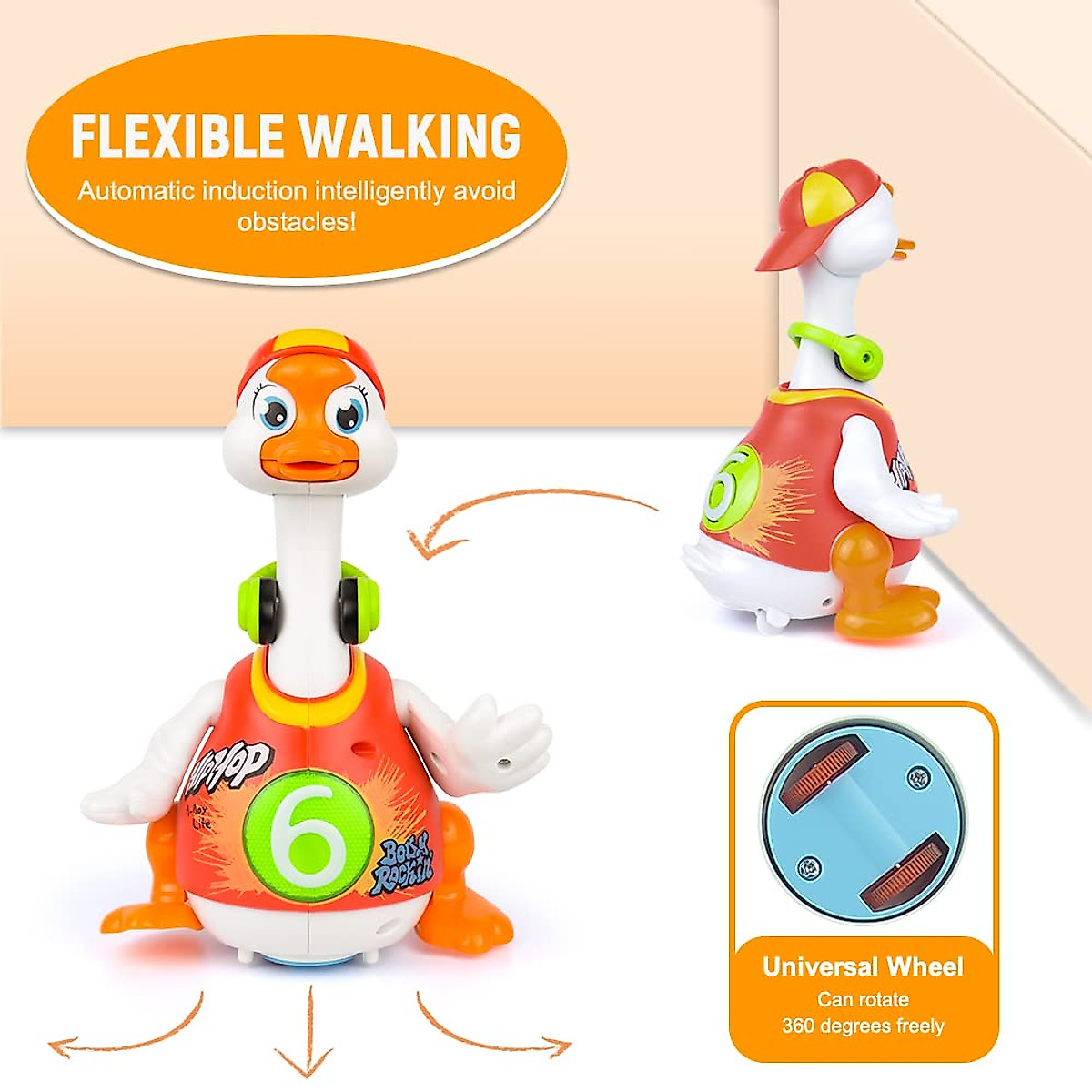 Woby Baby Musical Toy Dancing Singing Talking Walking Hip Hop Swing Goose Cool Educational Toy Gift for 1 2 3 Year Toddlers Kids Boys Girls