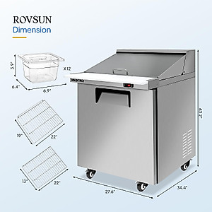 ROVSUN 7.1 Cu.Ft Commercial Refrigerator ETL NSF DOE, Sandwich & Salad Prep Table Refrigerator 27" Stainless Steel w/Cutting Board Food Pans Lockable Wheels for Restaurant, Bar, Shop