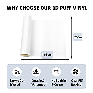 AHIJOY Puff Vinyl Heat Transfer White 10" x 6FT 3D Foaming Heat Press Iron on Vinyl for T Shirt Garment Fabric Clothing