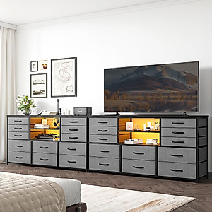 EnHomee Long Dresser for Bedroom with 12 Fabric Drawers,Bedroom Dresser with LED Lights & Power Outlet, Wooden Top & Metal Frame,for Living Room, Closet, Grey, 49.2''W*11.8''D*35.4''H