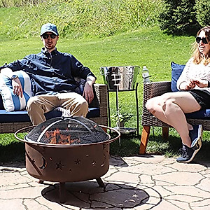 Sunnydaze Cosmic 30-Inch Fire Pit with Cooking BBQ Grill Grate, Spark Screen, and Fireplace Poker - Celestial Design