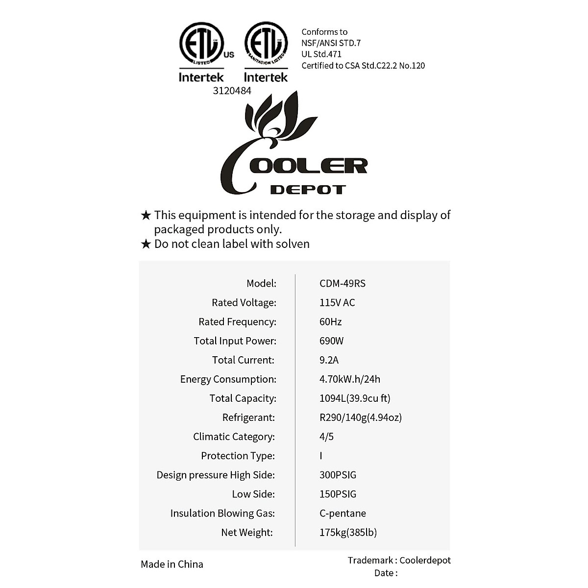 Commercial Refrigerator Glass 2-Door Sliding Door Merchandiser Display Cooler Case Fridge NSF, Bottom-Mounted, 54 inches width, capacity 47 cuft 110V, Restaurant Kitchen CDM-49RS