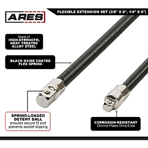 ARES 42071 – 2-Piece Flexible Socket Extension Set – 1/4-Inch and 3/8-Inch Drive Extensions – 6-Inch and 8-Inch Extensions with Flexible Shafts – Spring-Loaded Detent Balls to Prevent Slipping