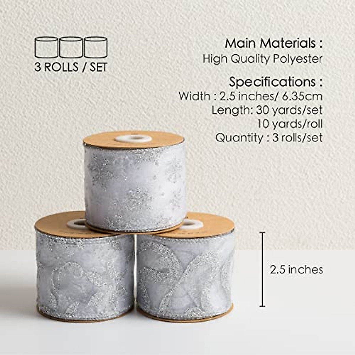 Vitalizart Christmas Ribbon Sliver Wired Organza Sheer Ribbon 2.5 Inch x 10 Yards Glitter Snowflake for Tree Decoration Gift Wrapping Crafts Wreath Topper Bow Wedding Invitations Bridal Bouquets