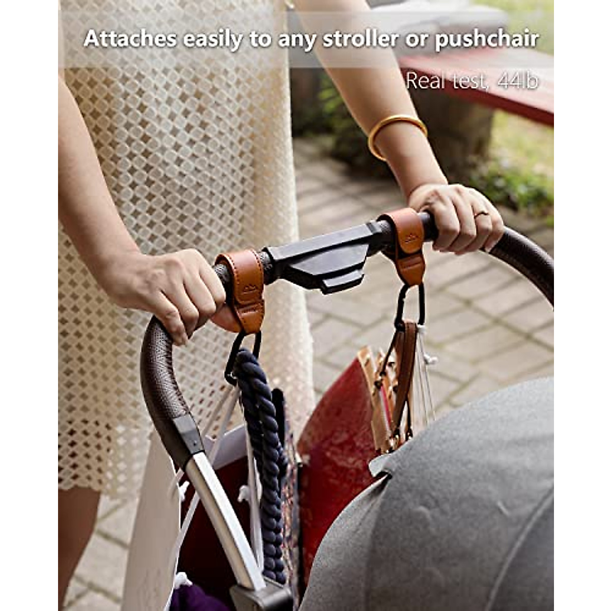 yueqian Stroller Hooks Bag Hooks for Hanging Diaper Bags Multipurpose Hooks for Grocery Shopping ​Bags Premium Vegan Leather Pram Straps Baby Stroller Hooks 2Pcs (Brown)