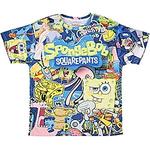 Mens Spongebob Squarepants Classic Shirt - Spongebob, Patrick & Krusty Krab Sublimated Allover T-Shirt (White, Medium)