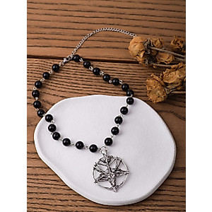 Sacina Goth Baphomet Choker Necklace, Black Bead Pentagram Skull Choker Necklace, Goth Halloween Jewelry Gift for Women, Men