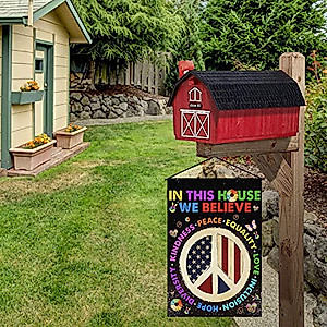 Swooflia In This House We Believe Garden Flag Small Yard Flag for Outside Decor Kindness Peace Equality Burlap Garden Banner 12x18 Inch Double Sided HYQ-223