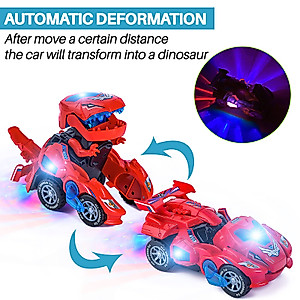 Refasy Toys for 4 Year Old Boys,2 in 1 Transforming Dinosaur LED Car with Music Kids Toys Dinosaur Toys Birthday Gifts for Boys Girls(Red)