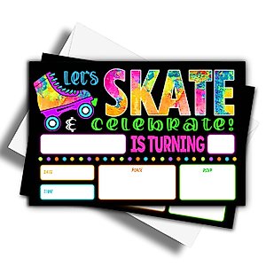 ONDTOM Tie Dye Roller Skating Birthday Party Invitations With Envelopes(4" x 6")- 20 Pack - Teenager Skate Party Invites-c19