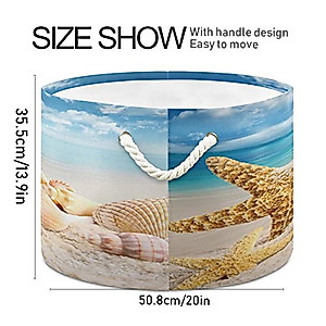 SUABO Large Storage Basket, Starfish and Seashells On The Beach Laundry Hamper Collapsible Nursery Hamper Bin with Handle, Baby Laundry Baskets for Blanket Toys Clothes Towels, 20X 20X 14 inches