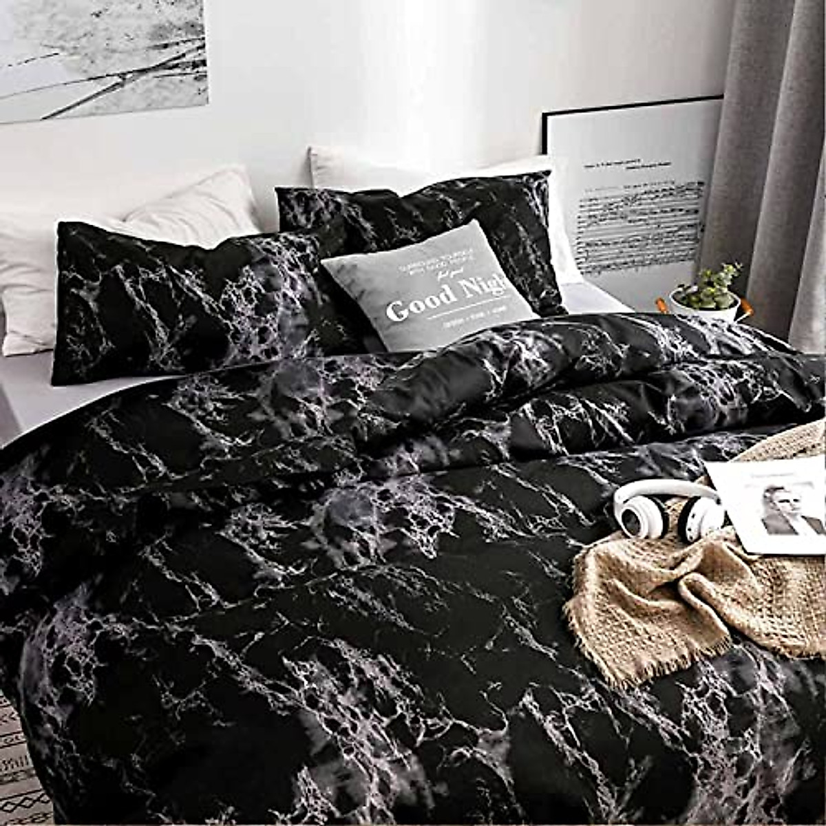 Faincy Queen Size Comforter Set, Black Marble Pattern Print Reversible Down Alternative Bed Sets - 90 x 90 3PC Soft Microfiber Duvet Modern Bedding in a Bag for Women Men