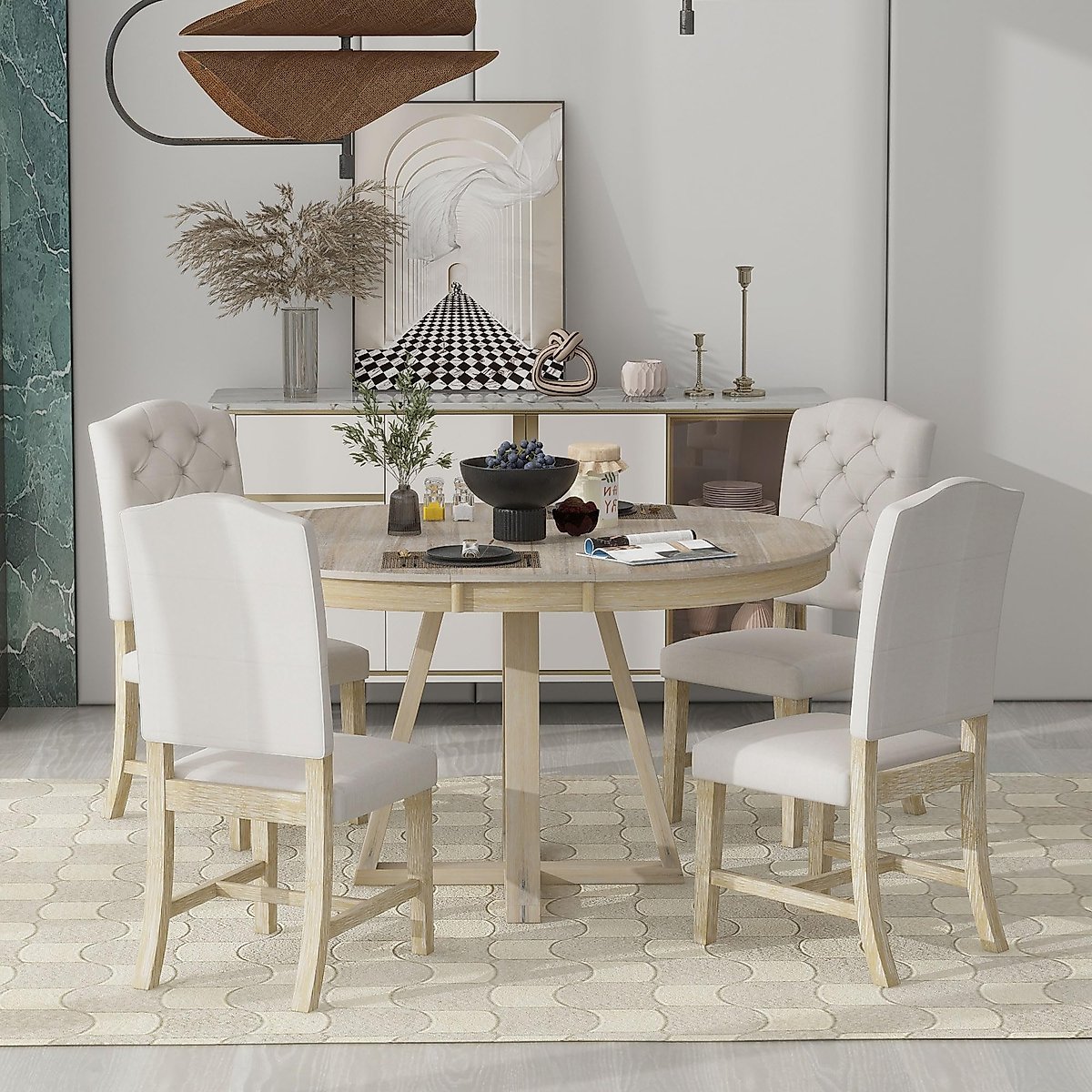 Bellemave Extendable Dining Table Set for 4, 5-Piece Round Table Set with 4 Chairs, Circle Table with Upholstered Chairs, Oval Kitchen Table Set with Extendable Table for Dining Room and Kitchen