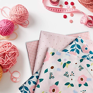 Lorvain 7PCS Pink Fat Quarters Fabric Bundles, Cotton Print Fabric with Green Leaf Red Fruit Gypsophila Strawberry White Flower for DIY Sewing Patterns Craft（19.6" x 15.7", Pink）