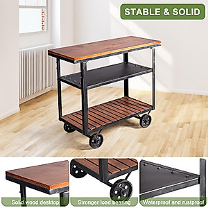 BOKKOLIK Vintage Rolling Bar Cart on Wheels Industrial Mobile Serving Cart Metal and Wood Design for Kitchen Bar Office Coffee House 36.2" Lx15.75 Wx30.5 H 3 Tier with 2 Side Handle