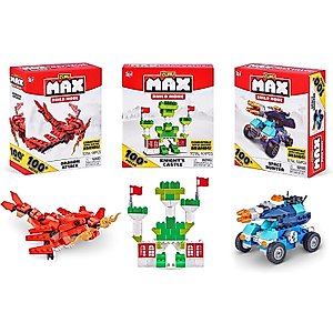Max Build More Construction Themed 100 Pc Brick Set (3 Pack) by ZURU Over 300+ Toy Building Blocks, 3 Models to Build, Dragon Attack, Green Castle, and Space Car (Compatible with Major Brands)