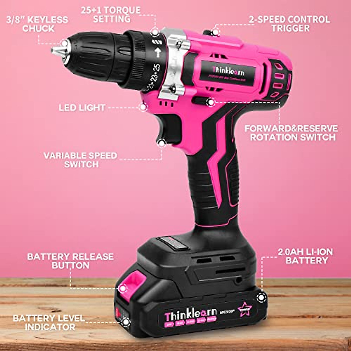 Pink Cordless Drill Set, 20V Lithium-ion Power Drill Set for Women with 67Pcs Drill Driver Bits, 3/8"Keyless Chuck, 25+1 Position Electric Drill, 2.0Ah Battery, Fast Charger and Storage Bag Included