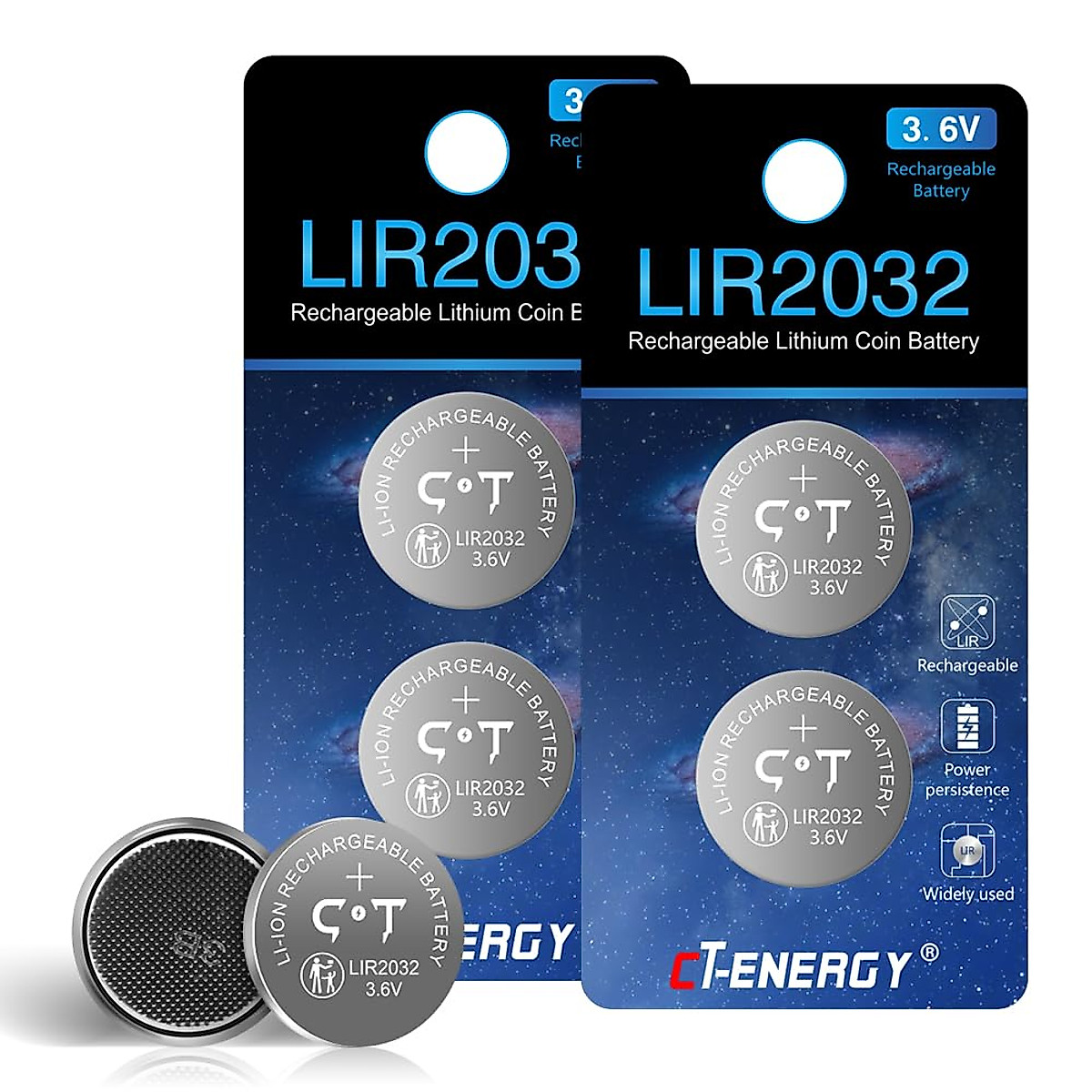 CT-ENERGY Rechargeable 2032 Batteries 3.6V Lithium Ion Button Coin Cell Batteries of Airtag Car Key Fob Batteries CR2032 Rechargeable (4pcs)