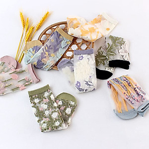 Alafime Coquette Aesthetic Socks Sheer Socks Mesh Socks Women 7 Pairs Kawaii Embroidered Florals Y2K Fulle Tube Socks (6pairs)