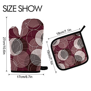 Poeticcity Retro Rings Maroon Grey Fuchsia Circles Oven Mitts Pot Holders Sets, Potholder Hot Pads Heat Resistant Kitchen Oven Gloves for Cooking Baking Grilling Barbecue