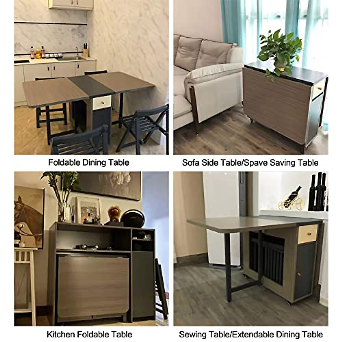 FUNROLUX Folding Dining Table with Storage Rack and 2 Drawers, Movable Kitchen Table Extendable Versatile Table Space Saving Foldable in 3 Forms (Grey)