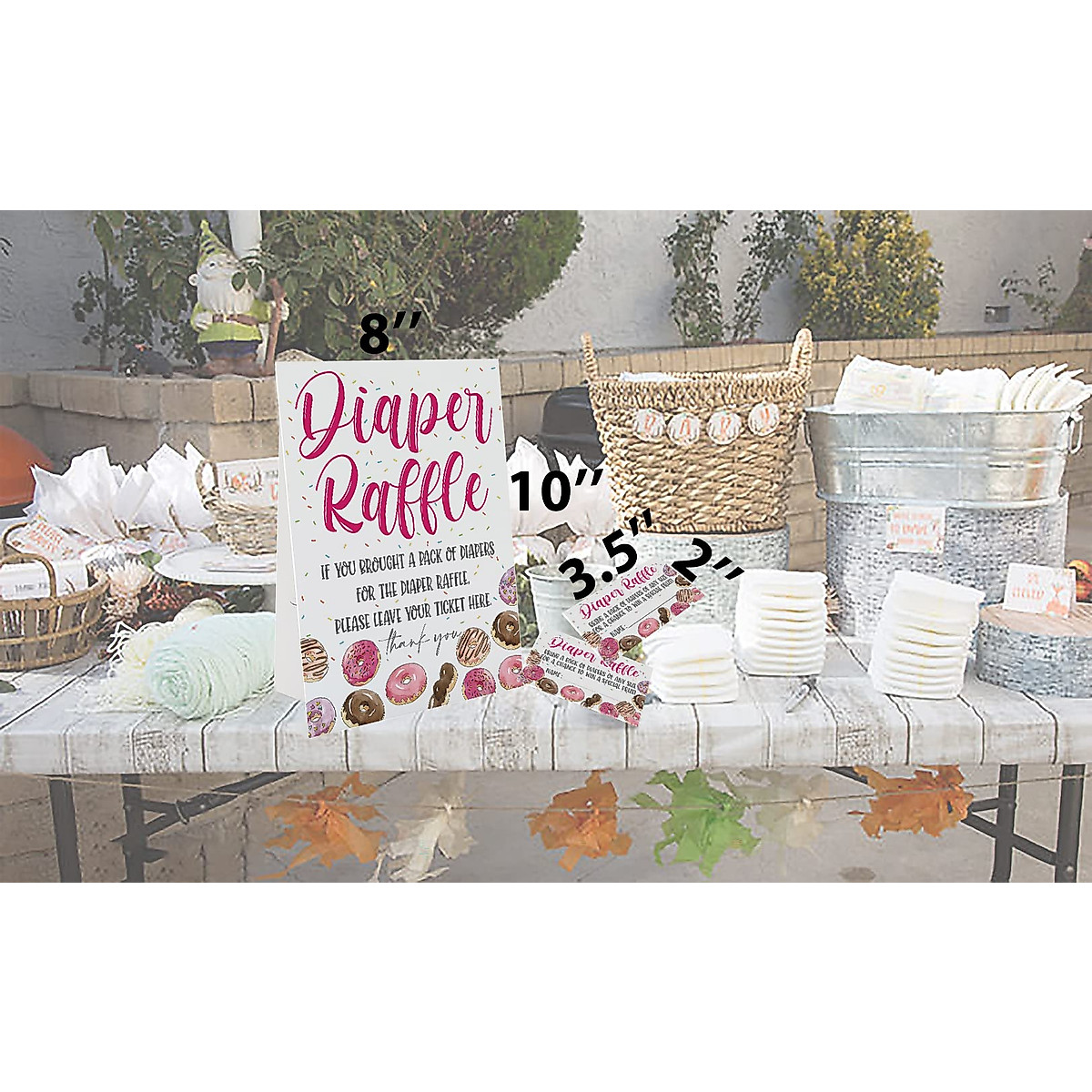 Diaper Raffle Cards with Sign(Sign 8x10 Inch), Donut Theme Baby Shower Games, Baby Showers Decorations -1 Standing Sign + 50 Guessing Cards(raffle42)