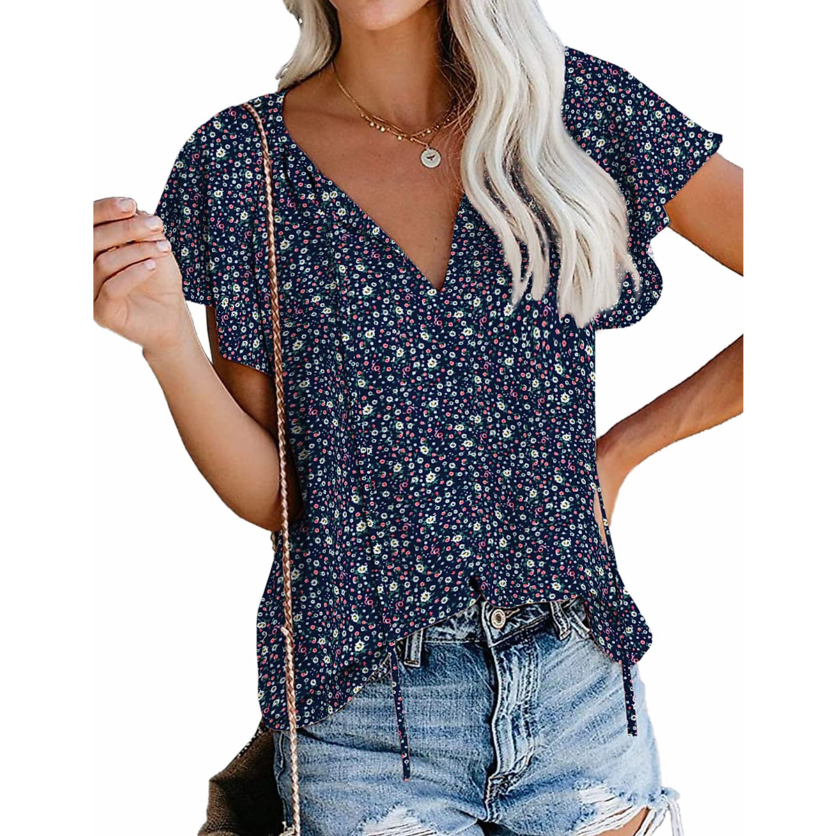 Womens Short Sleeve Tops and Blouses Floral V Neck Shirt Elegant Summer Clothes (Navy Blue,S)