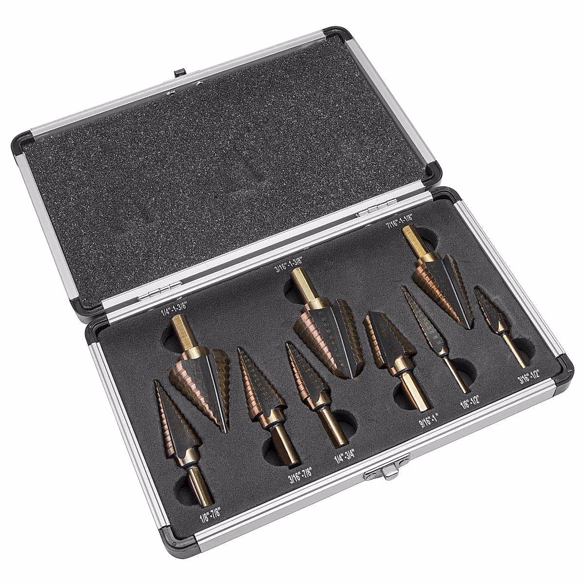XtremepowerUS 9-Piece Titanium HSS Step Drill Bits Set - SAE Size with Storage Case