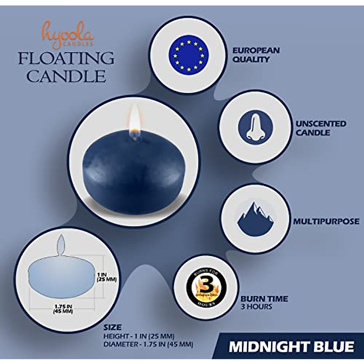 Hyoola Premium Midnight Blue Floating Candles 1.75 Inch - 3 Hour Burn Time - Made in Europe - 20 Pack