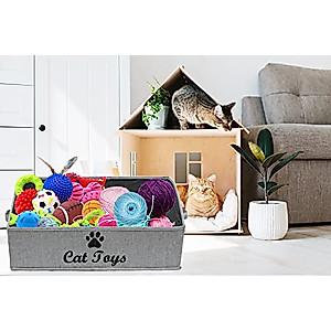 Geyecete Large cat Toy Box Storage Box - Foldable Cotton and Linen Trapezoid Organizer Boxes with Handle, Collapsible Basket for cat Toys-CAT-Striped Gray