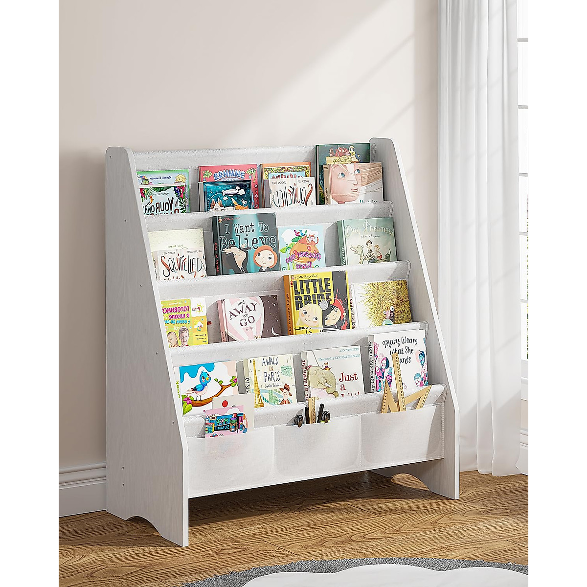 SEIRIONE Sturdy Kids Bookshelf, Book Shelf for Kids Room with Tear-Proof Oxford Sling, Eco-Safe Toddler Bookshelf, Childrens Bookshelf with Ideal Height for Quick Book Access, White/Wood Texture