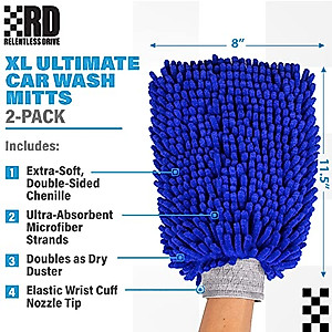 Relentless Drive Premium Car Wash Mitt (2-pack, Extra Large) - Car Wash Sponge - Chenille Microfiber Car Wash Mitt Scratch Free - Ultra Absorbent Microfiber Mitt for Cars, Trucks, SUVs, Boats & Motorcycles