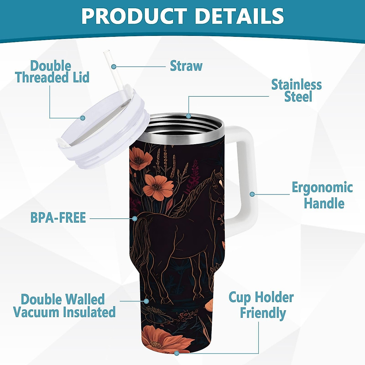 Jihqo Night Horse Cross Flowers Field 40 oz Stainless Steel Vacuum Insulated Tumbler with Handle and Straw Lid, Leakproof Water Bottle Double Wall Travel Mug Coffee Cup, Cupholder Friendly