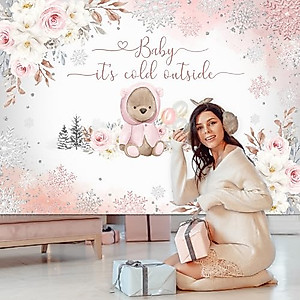 Avezano Winter Bear Baby Shower Backdrop for Girls Baby It's Cold Outside Party Decorations Photography Background We can Bearly Wait Pink Snowflakes Baby Shower Photoshoot (7x5ft)