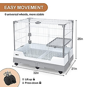 OIIBO Small Animal Cage for Rabbit,32" × 21" × 26" inch Foldable Rabbit Cage Hutch with Pull Out Tray and Caster Platform for Ferret Chinchilla