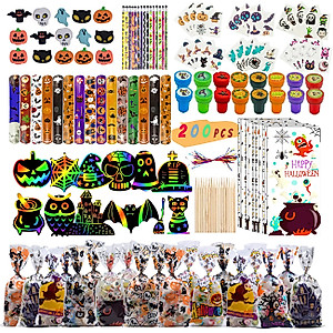 WOONOO 200 PCS Halloween Goodie Bag Fillers Stationery Set, Assorted Halloween Party Favors for Kids, Kids Halloween Toys Bulk Non Candy Halloween Treats Pencils, Eraser, Stamps, Slap Bracelets