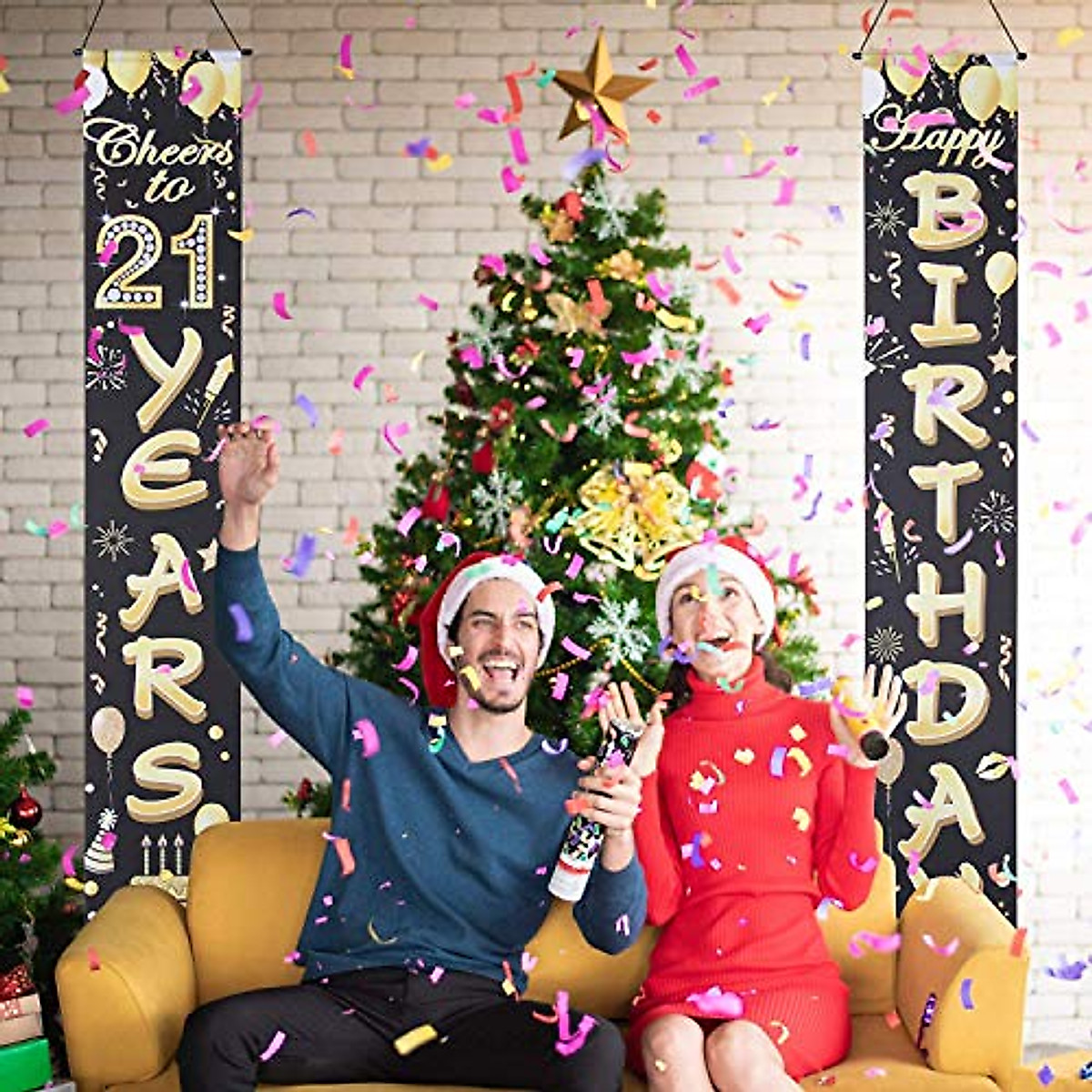 Happy Birthday Banner 21st Birthday Decorations Banners Cheers to 21 Years Birthday Party Supplies Black Gold Welcome Porch Sign for Men, Him, Indoor, Outdoor Party Decor