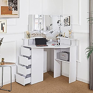 Corner Vanity Desk with Lighted Mirror | 42-Inch Makeup Table with Lights