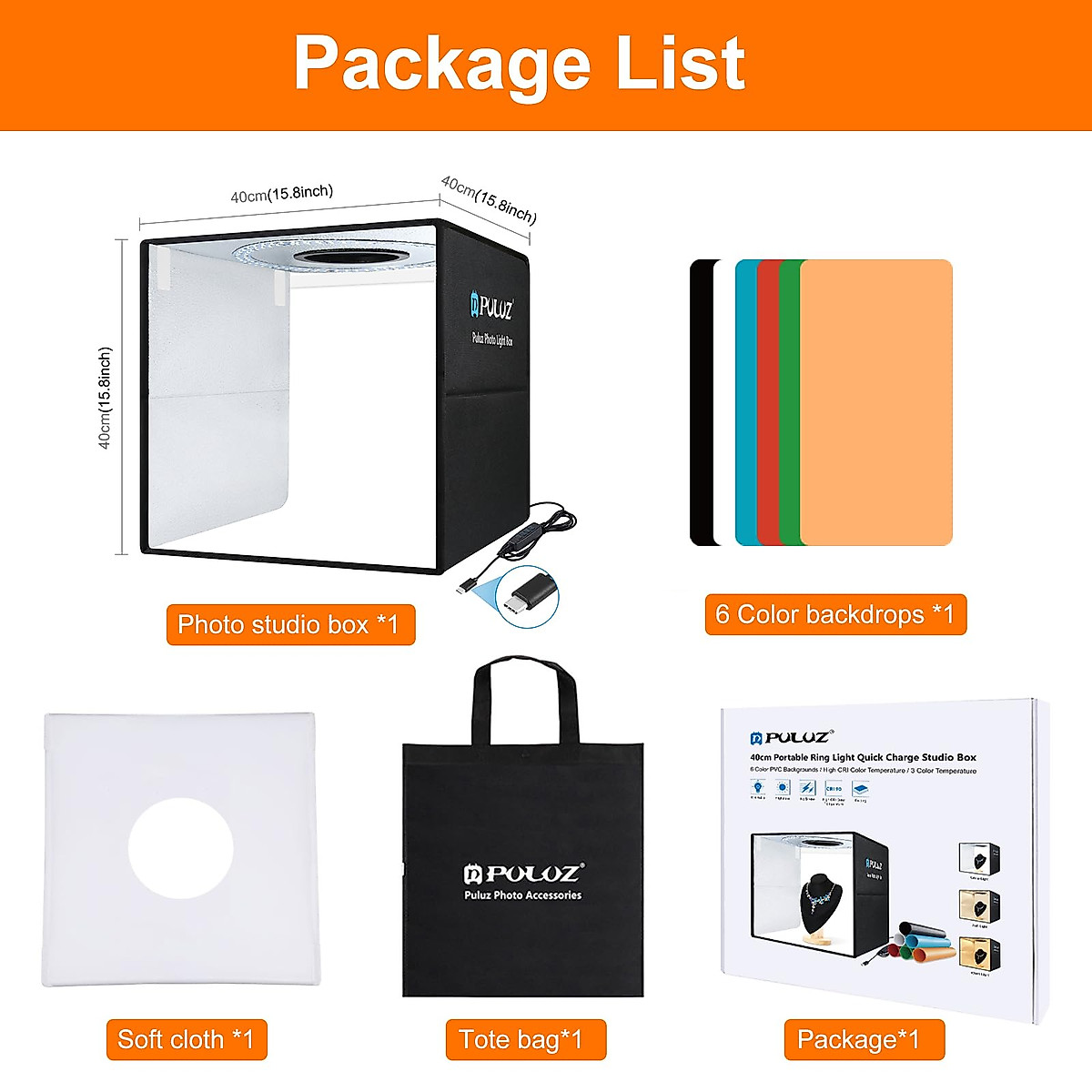 Portable Photo Studio Light Box, 15.8"x15.8"x15.8" Mini Photo Booth Light Box Photography, 3-Color Dimmable Folding Shooting Tent Kit with 160 LED Lights & 6 PVC Backdrops for Product Photography