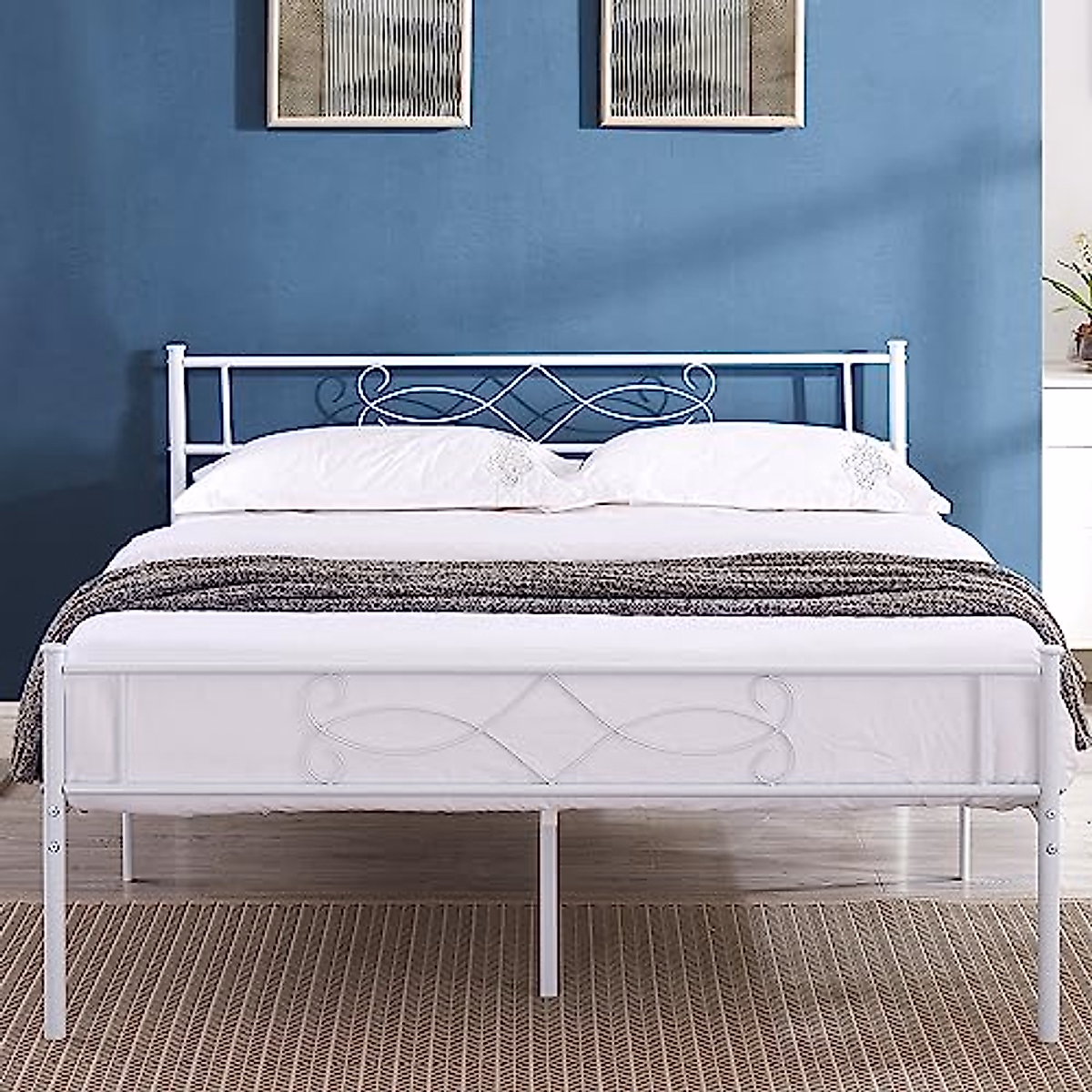 VECELO 14" Full Size White Metal Platform Bed Frame with Headboard,Premium Steel Slat Support/No Box Spring Needed/Noise-Free/Easy Assembly