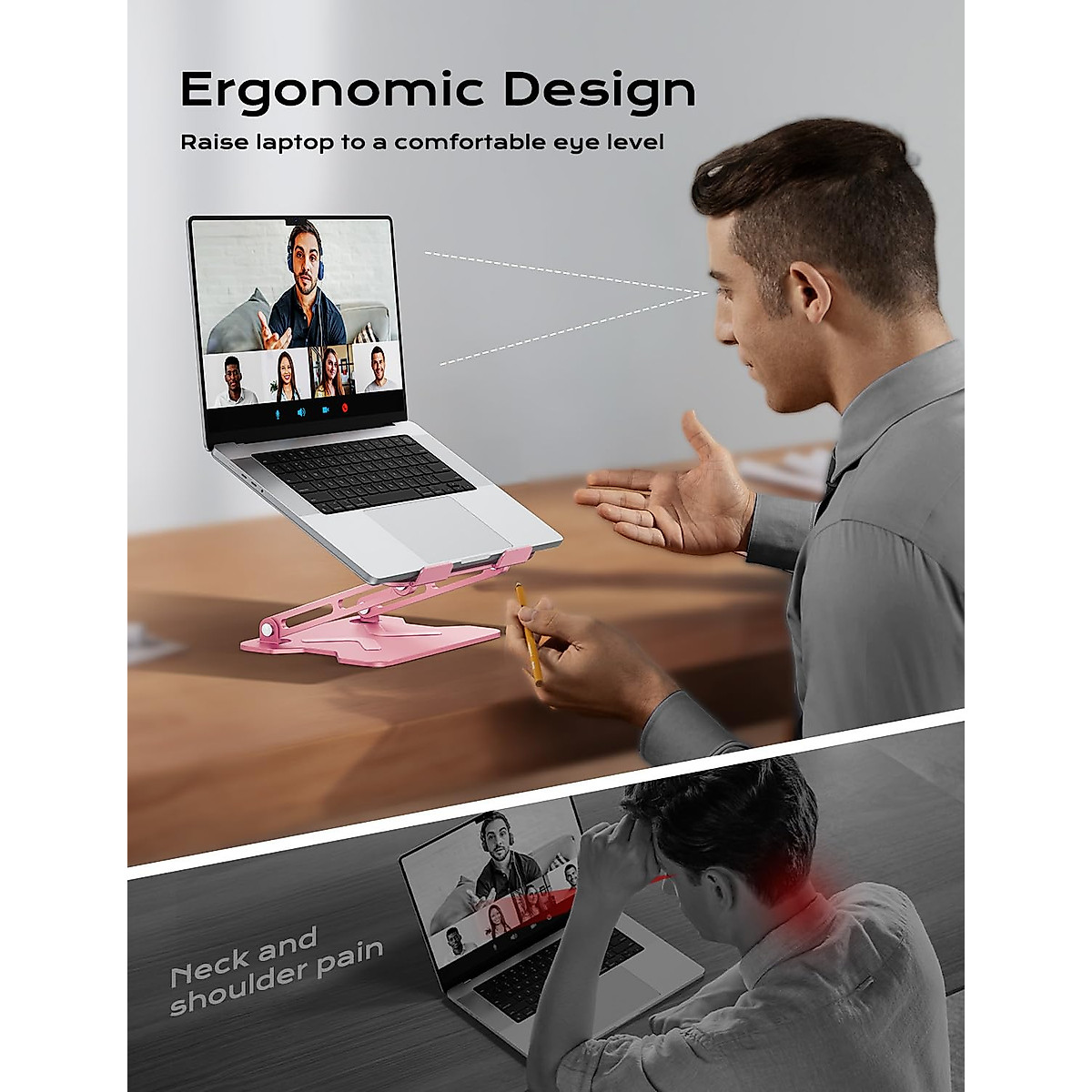 JCZT Adjustable Laptop Stand for Desk, Portable Laptop Riser, Aluminum Laptop Stand Foldable, Ergonomic Computer Notebook Stand Holder for MacBook Air Pro, Dell, HP 10-16'', Rose Pink