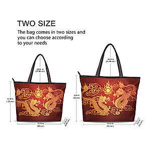 Golden Dragons Tote Bag Aesthetic, Large Capacity Zipper Women Grocery Bags Purse for Daily Life 2 Sizes