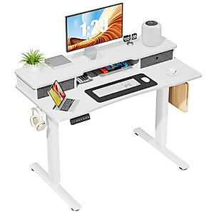 Height Adjustable Electric Standing Desk with Storage Shelf Double Drawer, 48 x 24 Inch Stand up Desk, Sit Stand Desk with Splice Board, Standing Table White Frame/White Desktop for Home Office