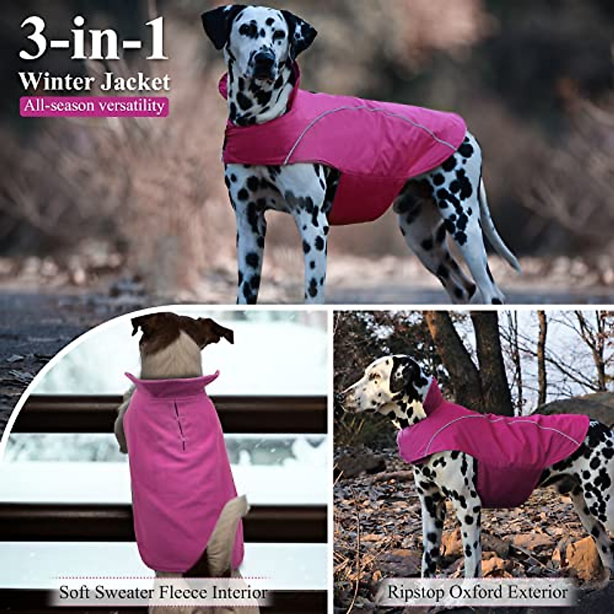 VIVAGLORY 3-in-1 Dog Coats Lined with Fleece, Reflective Water-Resistant Cold Weather Dog Coats, Wind Breaker, Warm Sweater with Leash Portal, Dog Winter Coats for Large Dogs