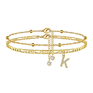 Ursteel Initial Ankle Bracelets for Women, 14K Gold Plated Ankle Bracelet with Initial K Dainty Adjustable Beaded Chain Chain Gold Anklets for Women Jewelry Gifts for Women