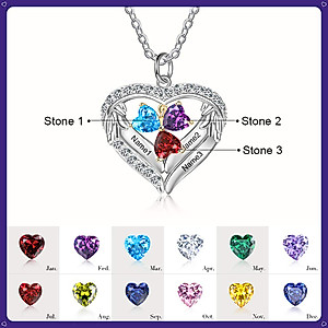 GLAMCARAT Engraved personalized 925 silver pendant necklace with 3 birthstone family jewelry mothers gift 3 child names heart shaped pendant